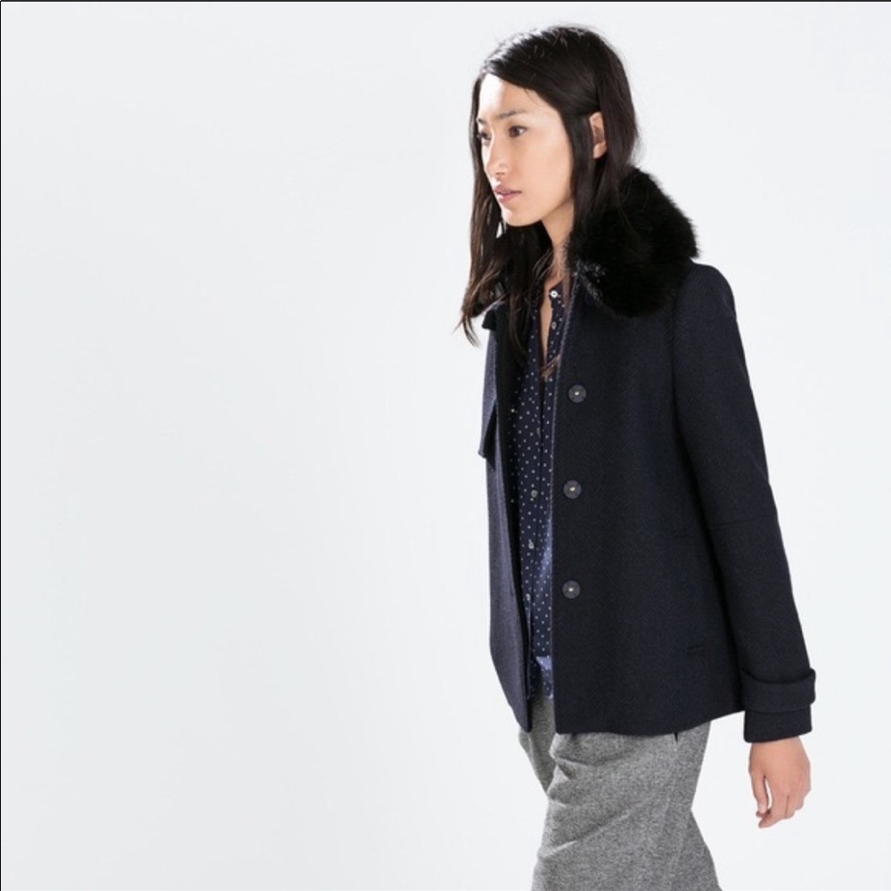 Zara Wool Navy Peacoat With Faux Black Fur Collar - Gem